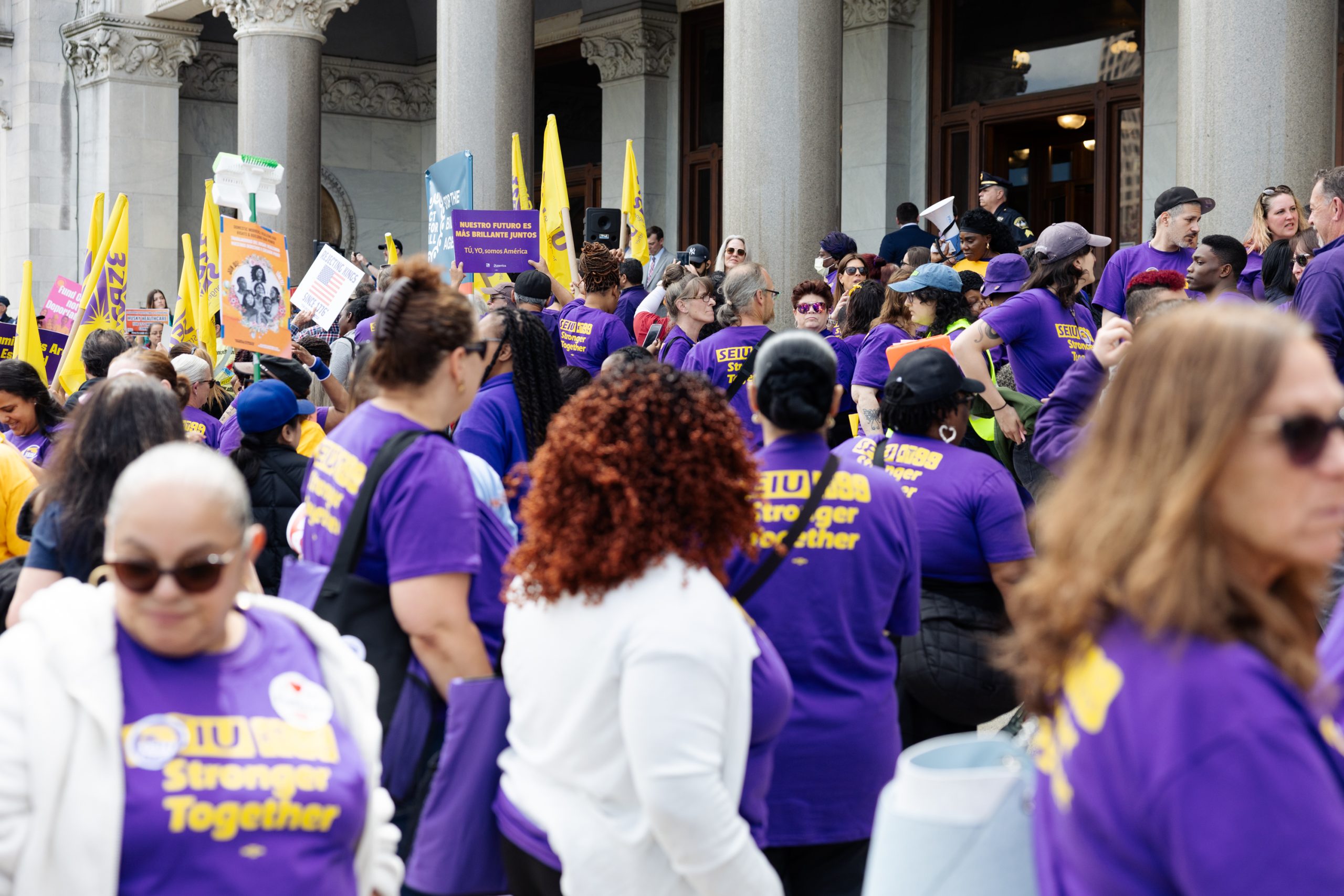 Members of SEIU 32BJ rally in front of the Capitol on May 1, 2025. | CT ...